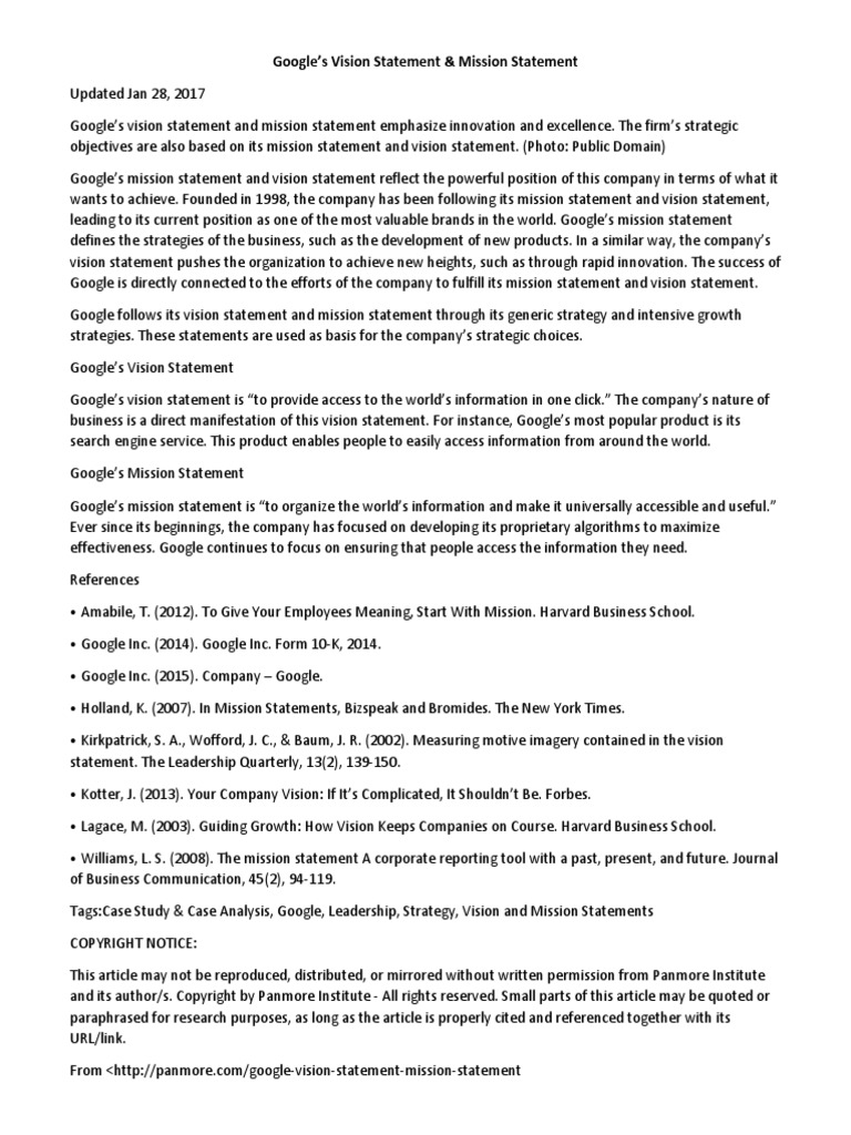 1b Google Vision and Mission Statement Article 1 | PDF | Innovation ...