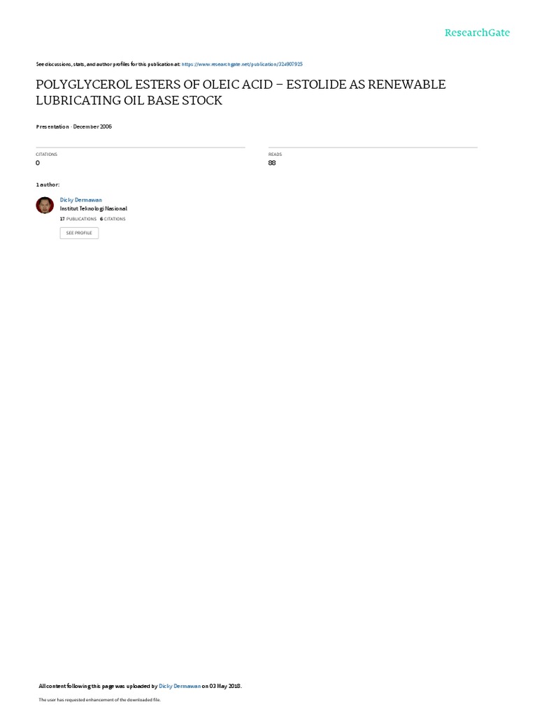 Polyglycerol Esters of Oleic Acid - Estolide As Renewable Lubricating ...