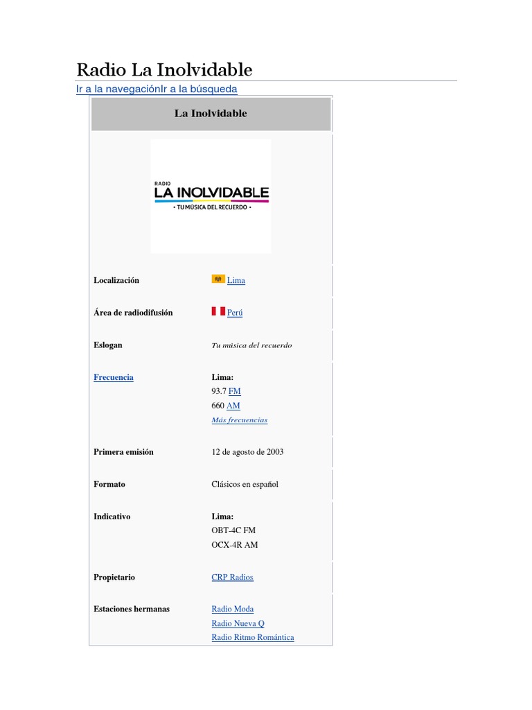 Radio La Inolvidable | PDF | Radiodifusión | Wikipedia