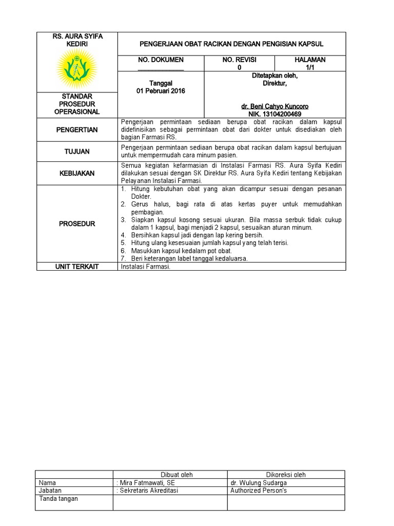 Prosedur Obat Racikan Kapsul RS Aura Syifa | PDF | Kesehatan Holistik