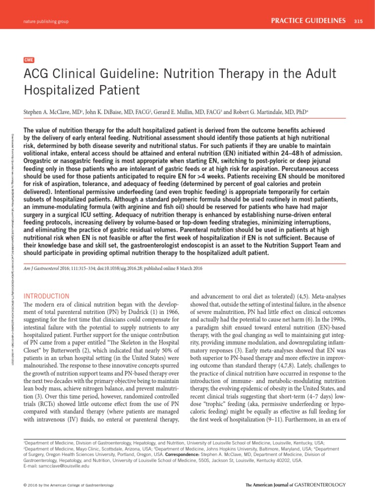 ACG Clinical Guideline: Nutrition Therapy in The Adult Hospitalized ...