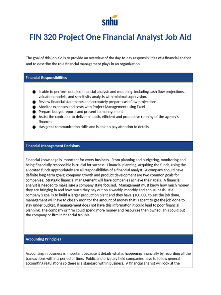 FIN 320 Project One Financial Analyst Job Aid | PDF | Balance Sheet ...