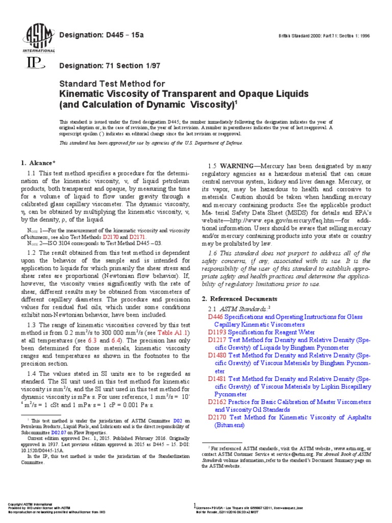 ASTM D 445-15a (Nelson) | PDF | Viscosity | Thermometer