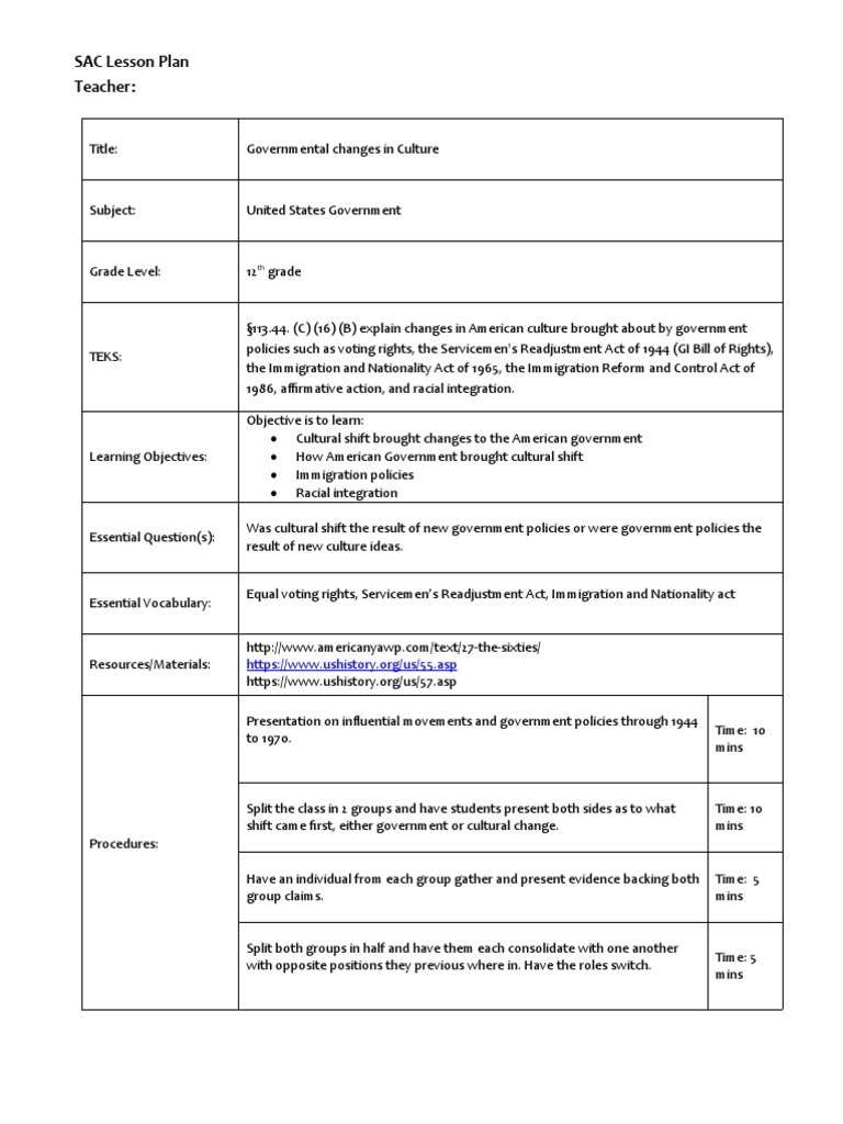 SAC Lesson Plan Teacher | PDF | Immigration | The United States