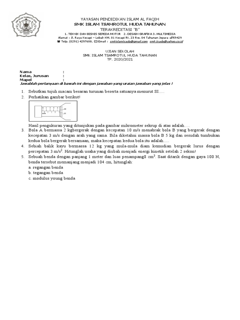 Soal Essay Ujian Sekolah (Fisika) Kelas 12 DG-MM-TBSM (2020-2021) | PDF