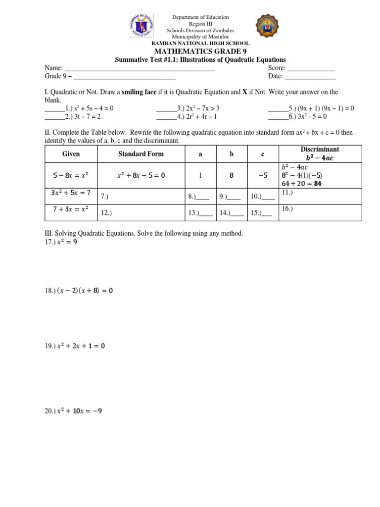 Grade Level 9 Summative Tests | PDF | Summation | Quadratic Equation