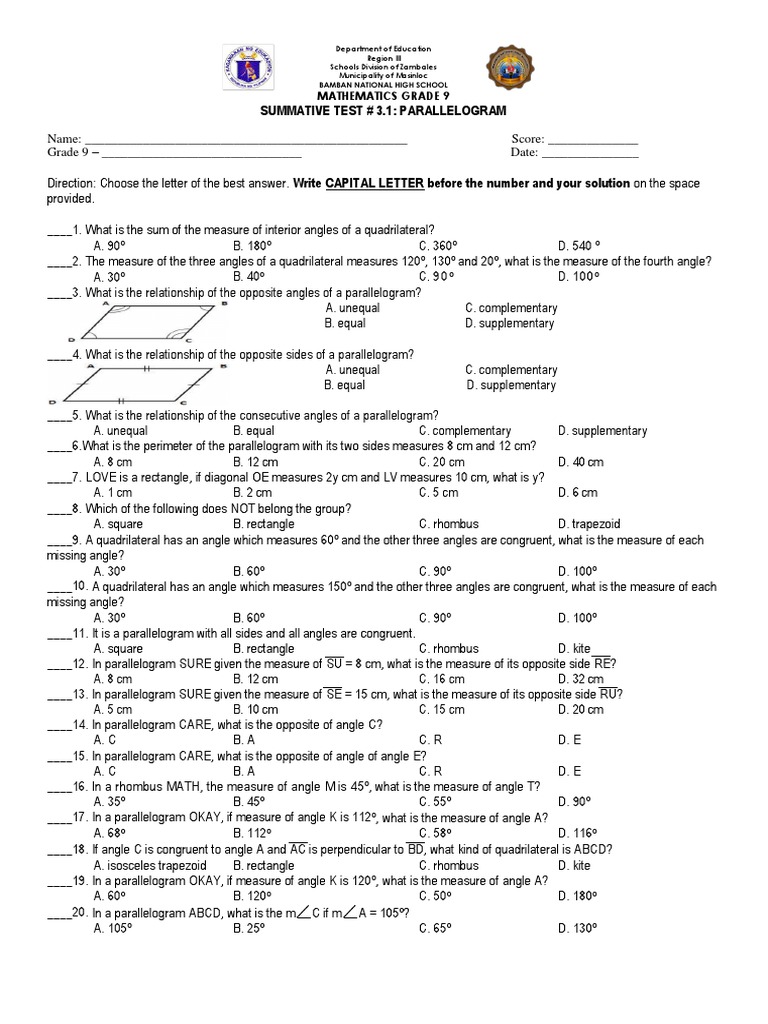 Grade 9 Summative Tests | PDF | Rectangle | Euclidean Plane Geometry