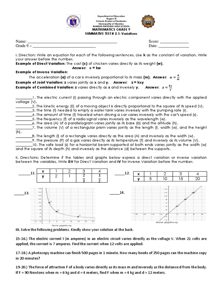 Grade Level 9 - Summative Tests | PDF | Area | Summation
