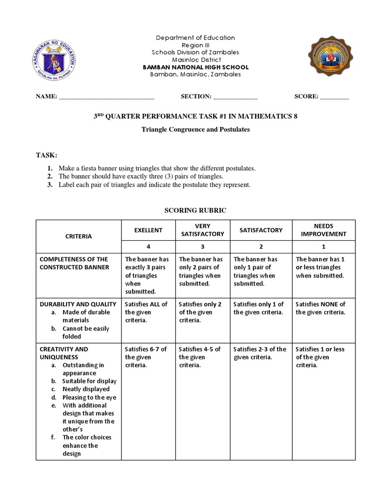 Grade Level 8 - Performance Tasks | PDF | Mathematical Proof | Triangle
