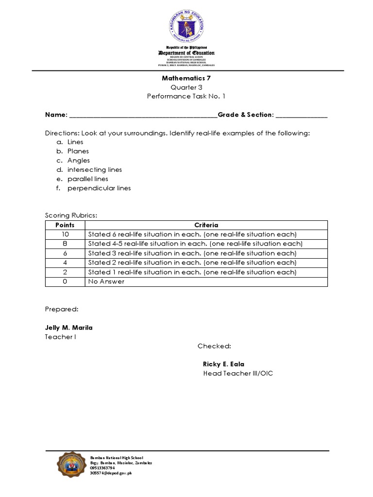 Grade Level 7 - Performance Tasks | PDF | Space | Elementary Geometry