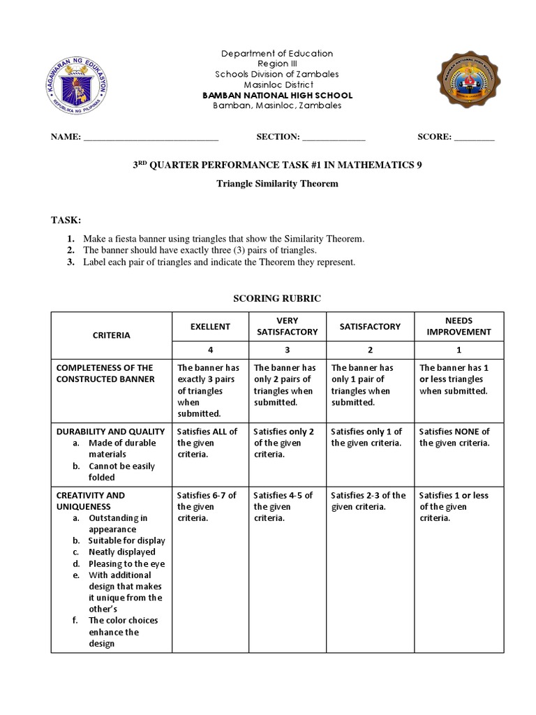 Math 9 Performance Tasks Rubrics | PDF | Mathematical Proof | Theorem