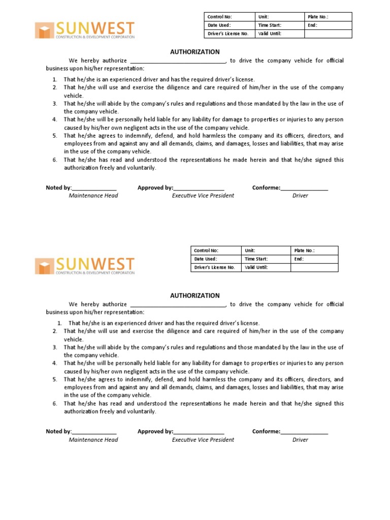Company Vehicle Authorization Letter | PDF | Legal Liability | Indemnity
