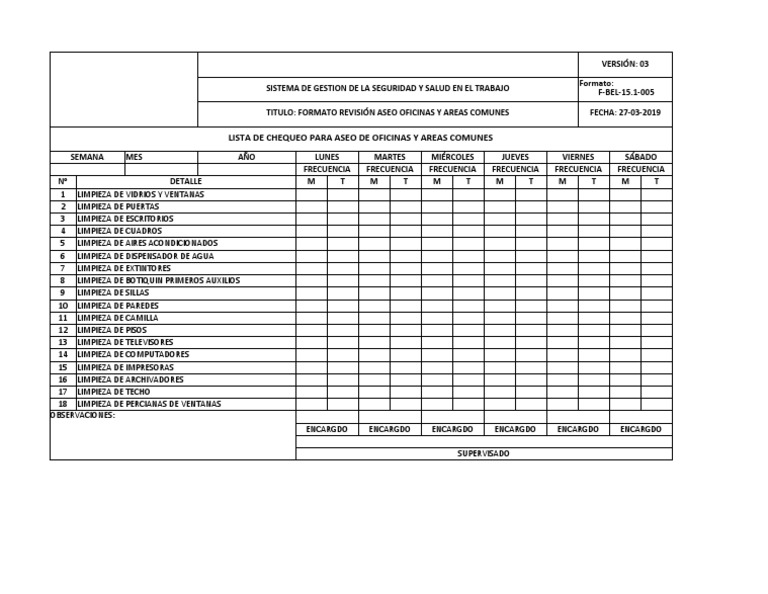 F-Bel-A15.1-005 Planilla de Control Aseo - Oficinas y Areas Comunes | PDF