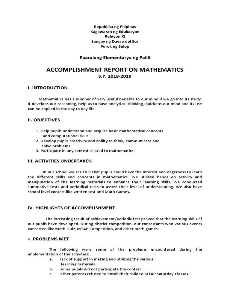 Math Accomplishment Report | PDF | Teaching Mathematics ...