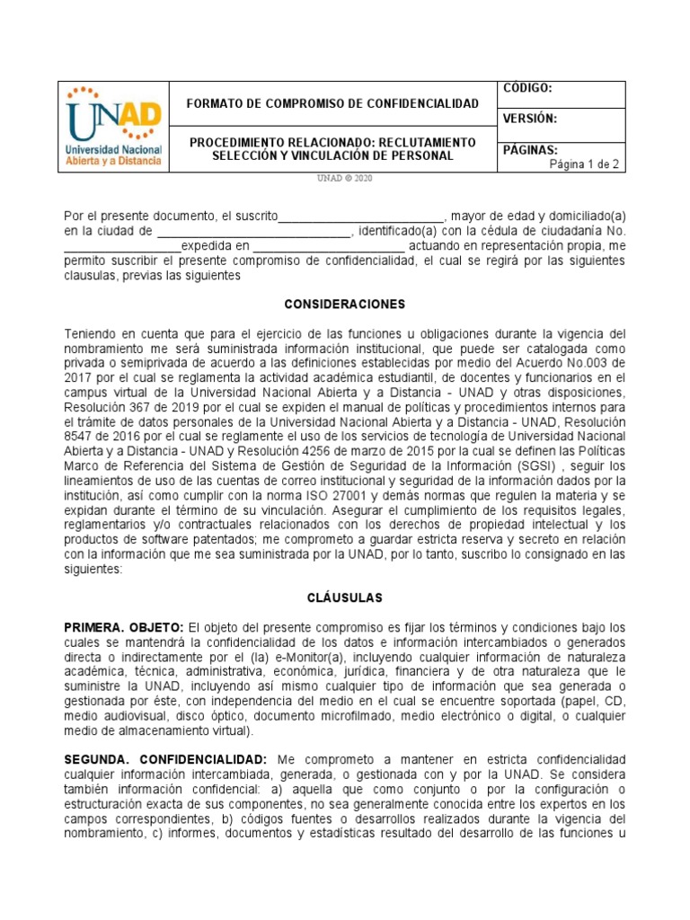 Anexo 2 - Acta de Confidencialidad (Mayor de Edad Actualizada) | PDF ...