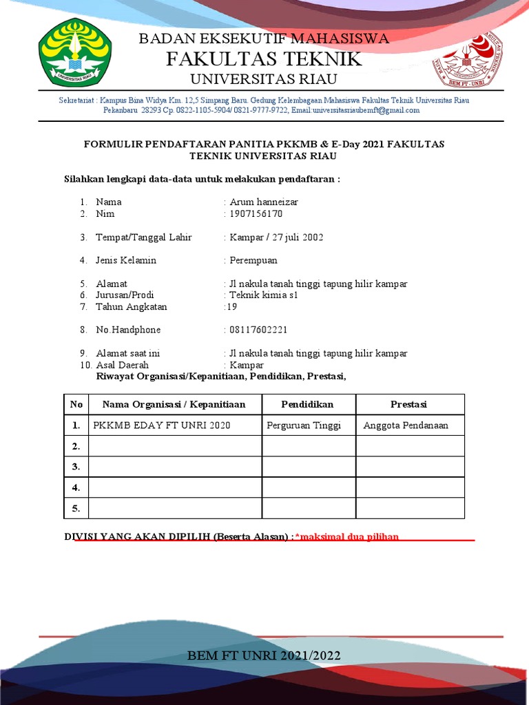 Pendaftaran Panitia PKKMB E-Day 2021 UNRI | PDF | Karier & Perkembangan