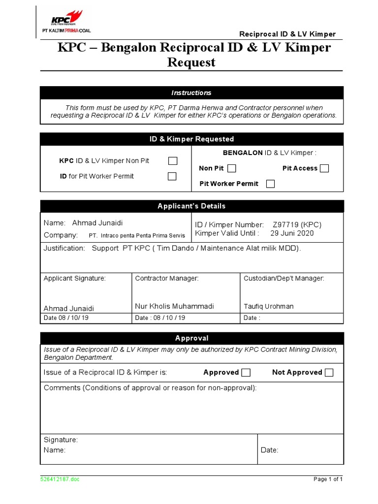 KPC - Bengalon Reciprocal ID & LV Kimper Request | PDF