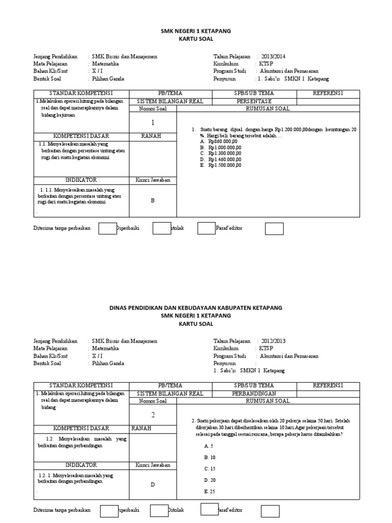 Contoh Kartu Soal US MTK AK | PDF