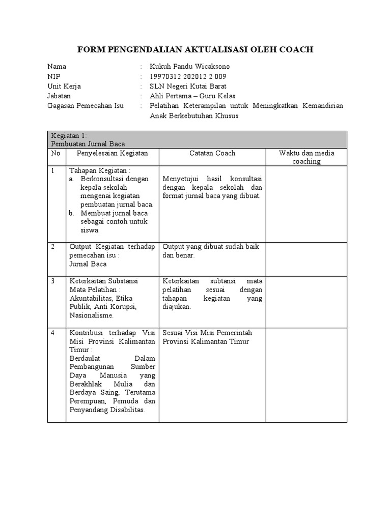 Form Pengendalian Aktualisasi Oleh Coach | PDF