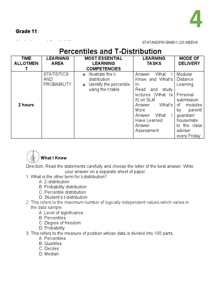 Percentiles and T-Distribution: Grade 11 Statistics and Probability ...