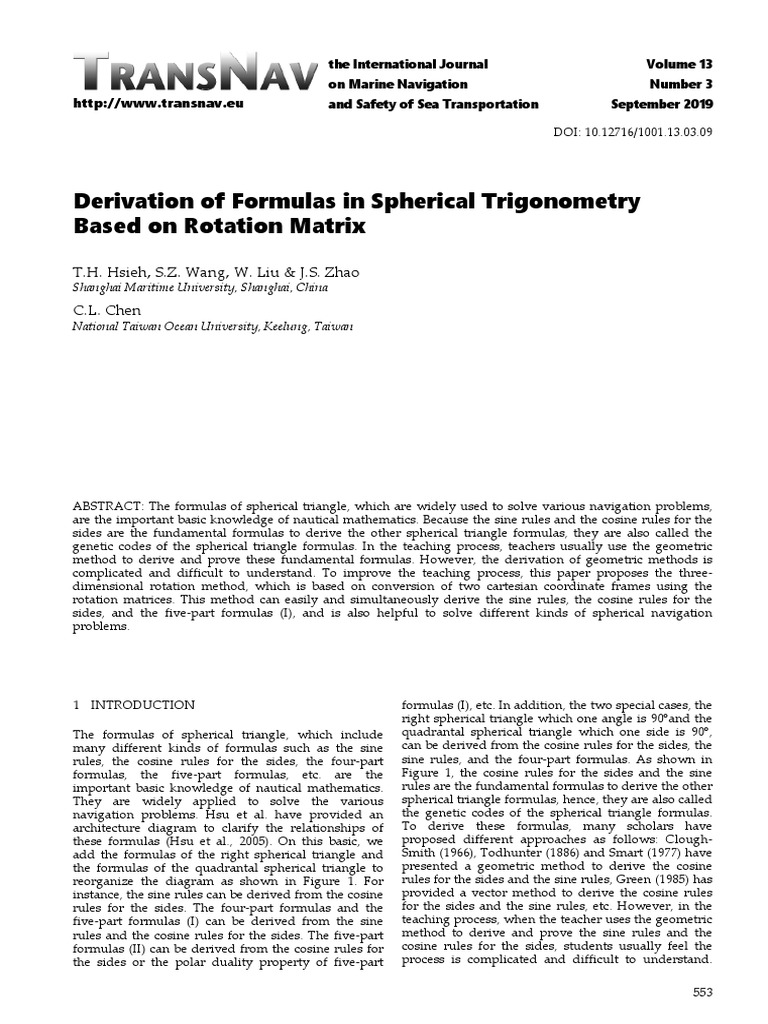 Derivation of Formulas in Spherical Trigonometry B | PDF | Sine ...