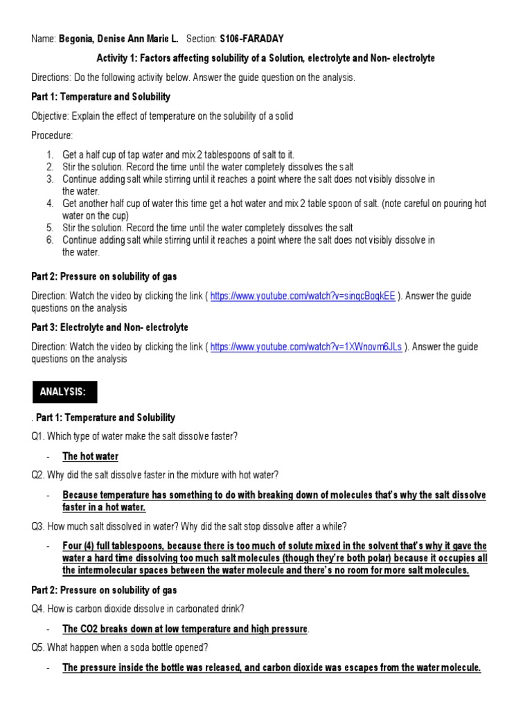 Activity 1 - Factors Affecting Solubility of A Solution, Electrolyte ...