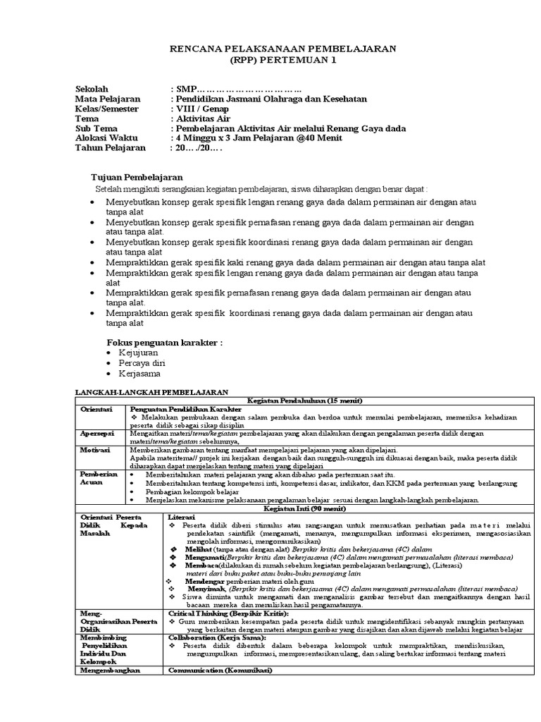 RPP 8 Aktivitas Renang | PDF