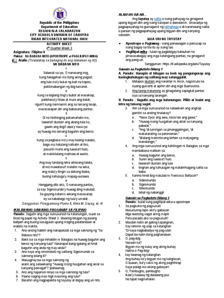 Grade 8 Activity Sheets Q4 Week3 | PDF