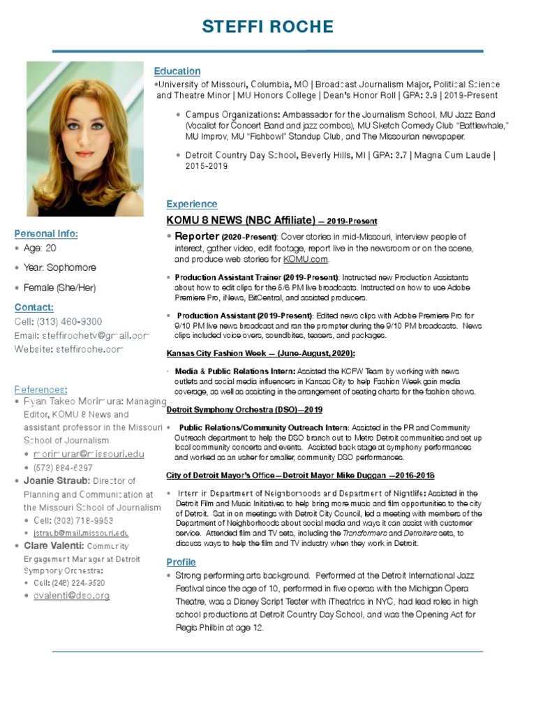 Steffi Roche Resume Spring 2021 | PDF | Mass Media | Entertainment