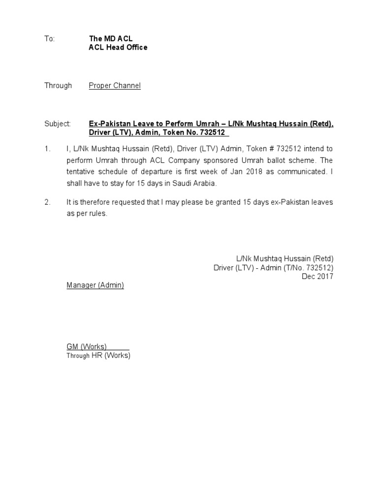 Application - Ex Pakistan Leave (Thru Compny Sponsored Umrah Scheme ...