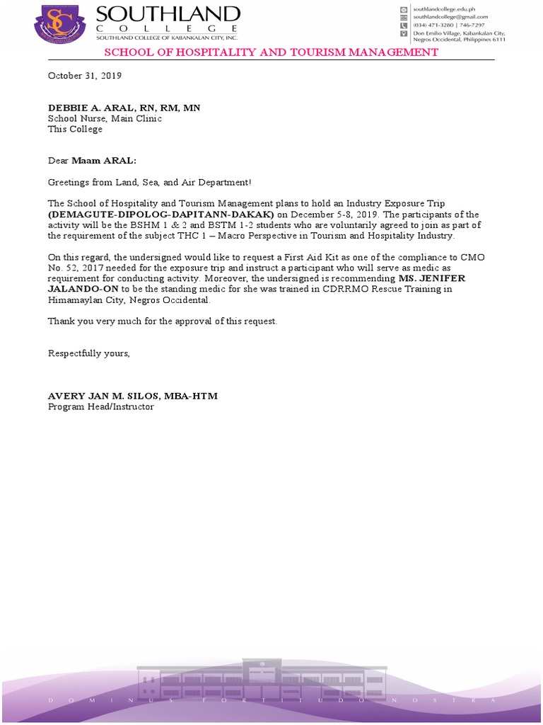 Letter To Clinic For First Aid Kit | PDF