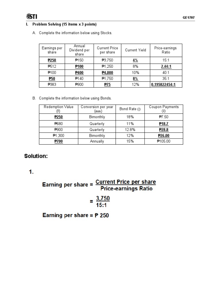 Solution:: I. Problem Solving (15 Items X 3 Points) | PDF