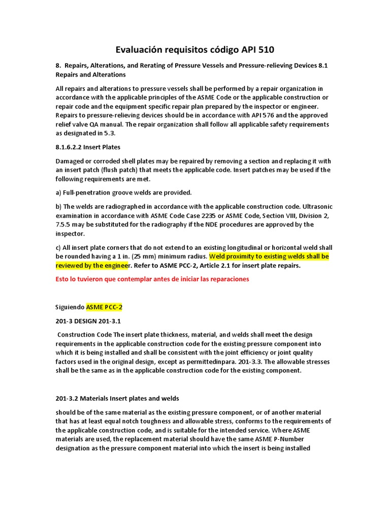 Evaluación requisitos código API 510 reparaciones | PDF ...