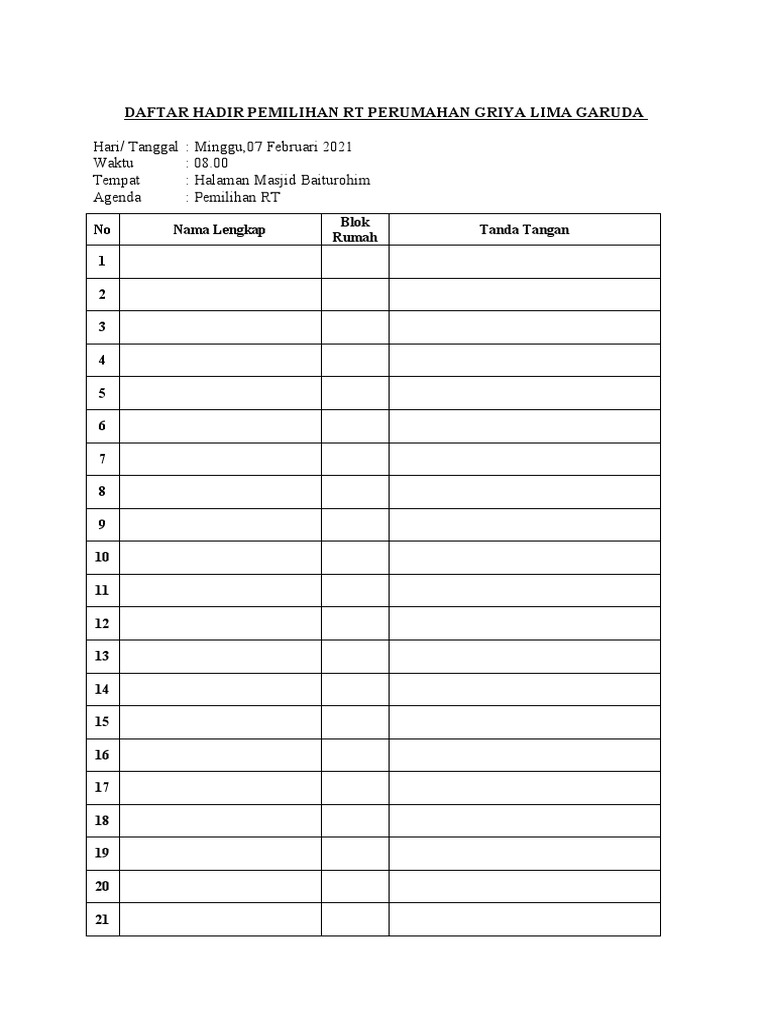 Daftar Hadir Rapat RT | PDF