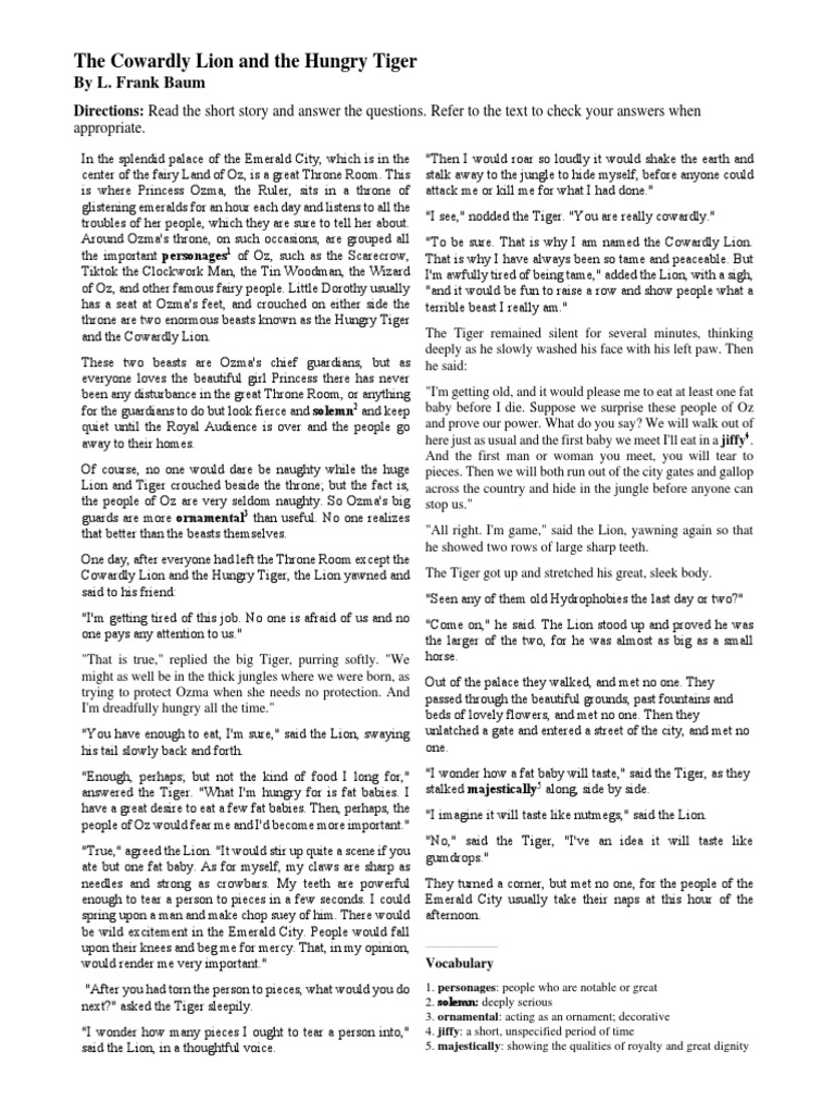 The Cowardly Lion and The Hungry Tiger: by L. Frank Baum | PDF ...