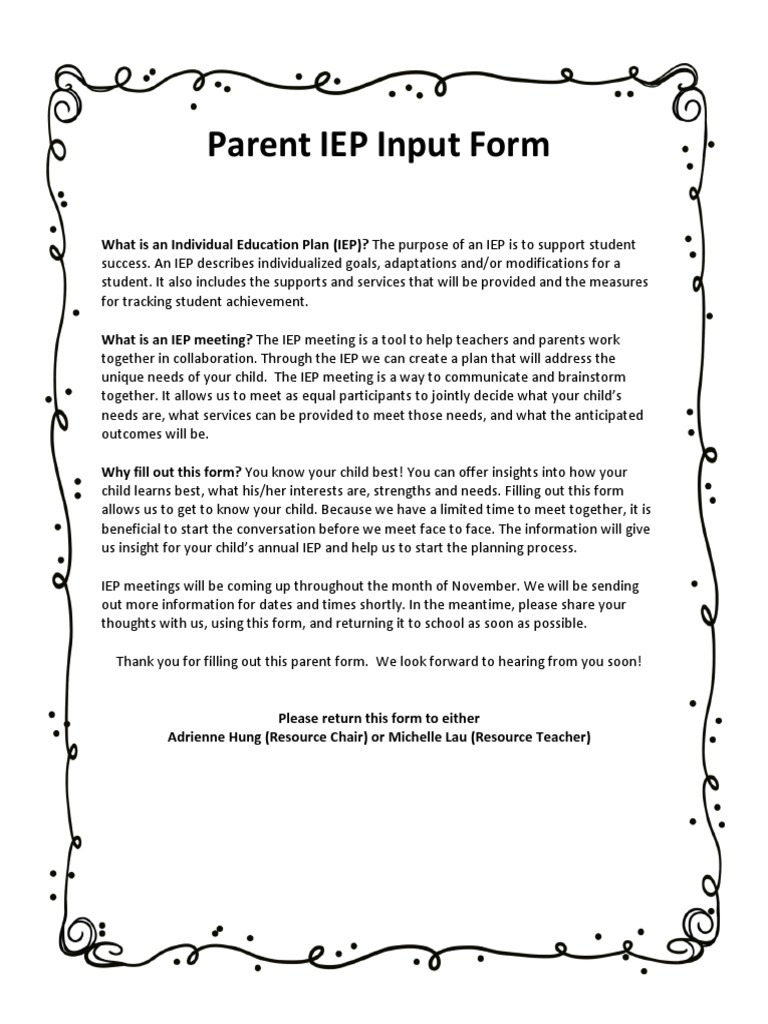 Parent IEP Input Form | PDF | Individualized Education Program | Teaching