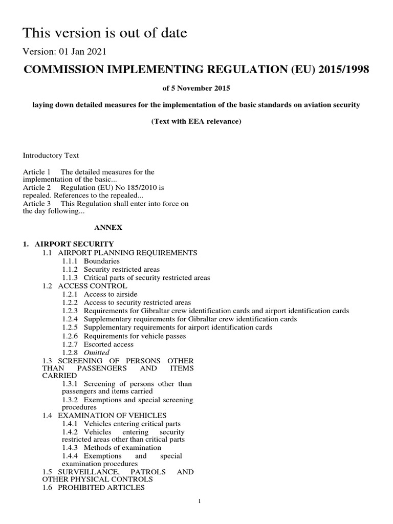 Commission Implementing Regulation (E U) 2015 1998 | PDF | Airport Security | Airport