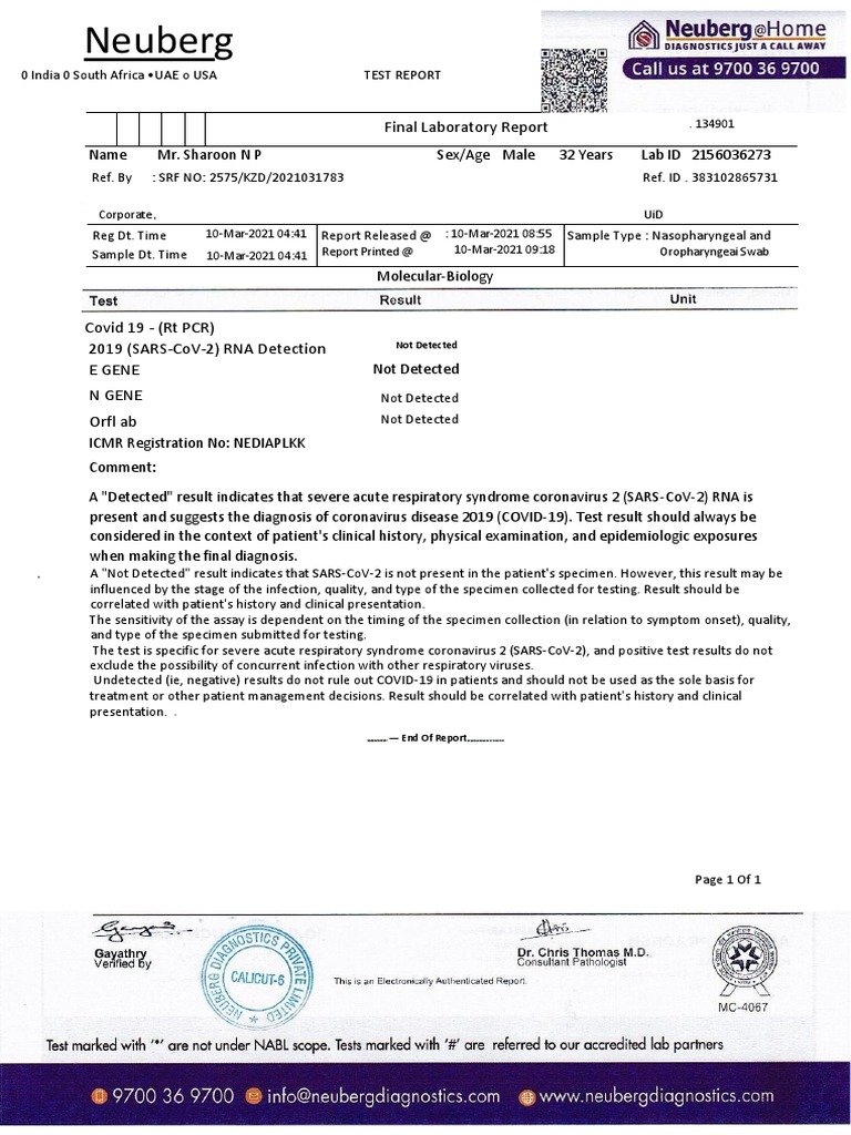 Neuberg Covid-19 Test Report | PDF | Virology | Immunology