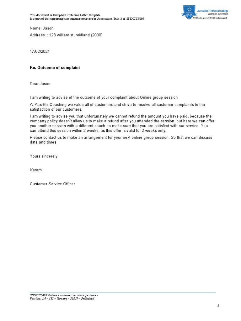 Plaint Outcome Letter Template | PDF
