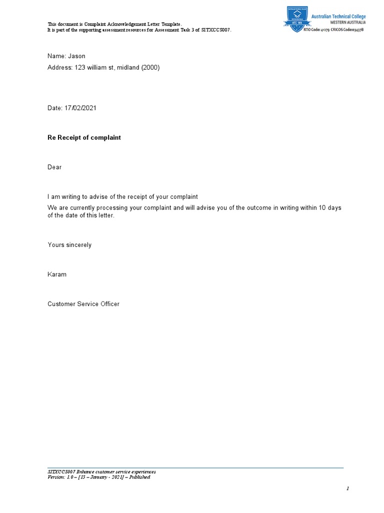 Plaint Acknowledgement Letter Template | PDF