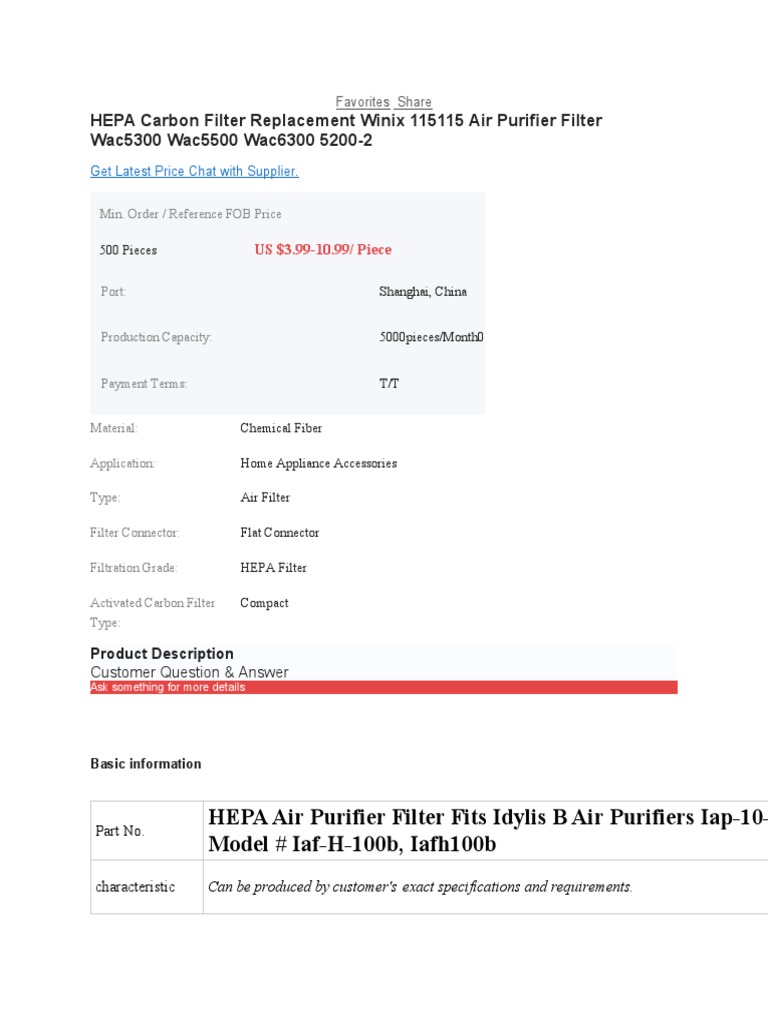 HEPA Air Purifier Filter Fits Idylis B Air Purifiers Iap-10-125, Iap-10 ...