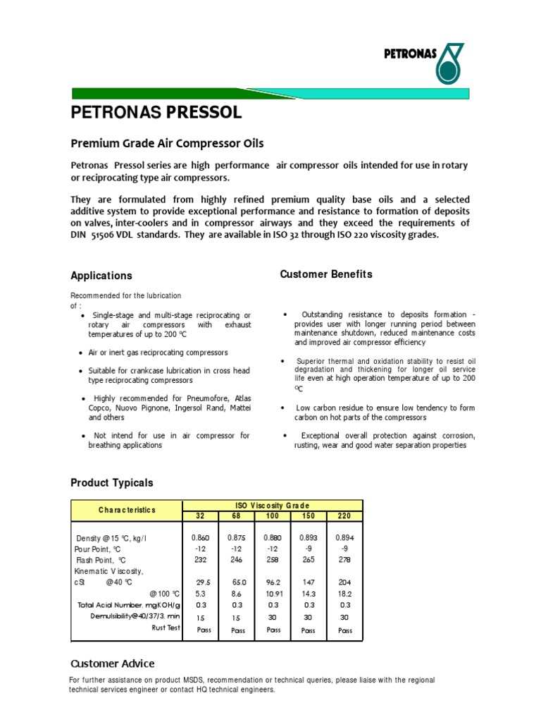 Petronas Pressol: Premium Grade Air Compressor Oils | PDF | Viscosity ...
