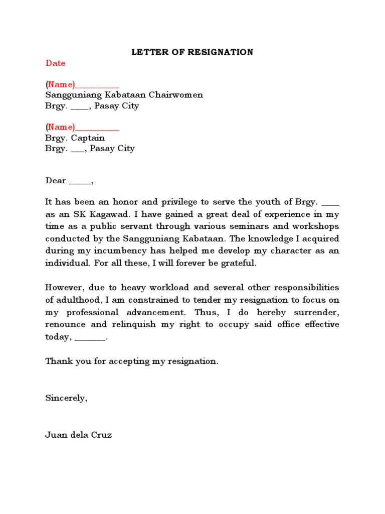 SK Kagawad Resignation Letter Sample | PDF