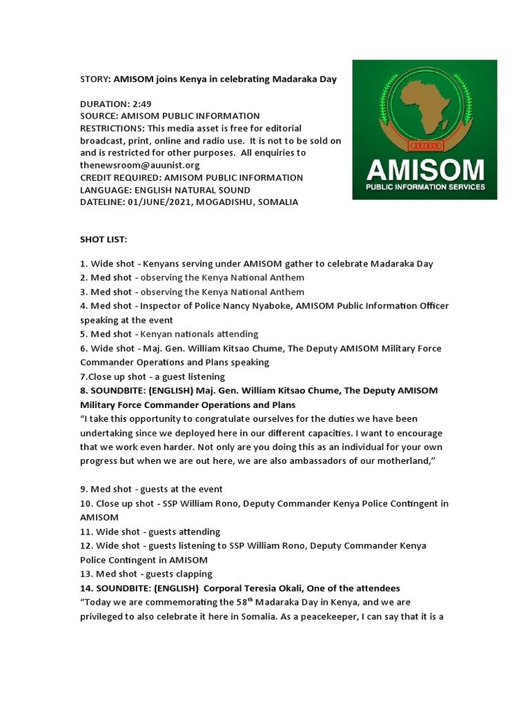 AMISOM Celebrates Kenya's Madaraka Day | PDF | African Union Mission To ...