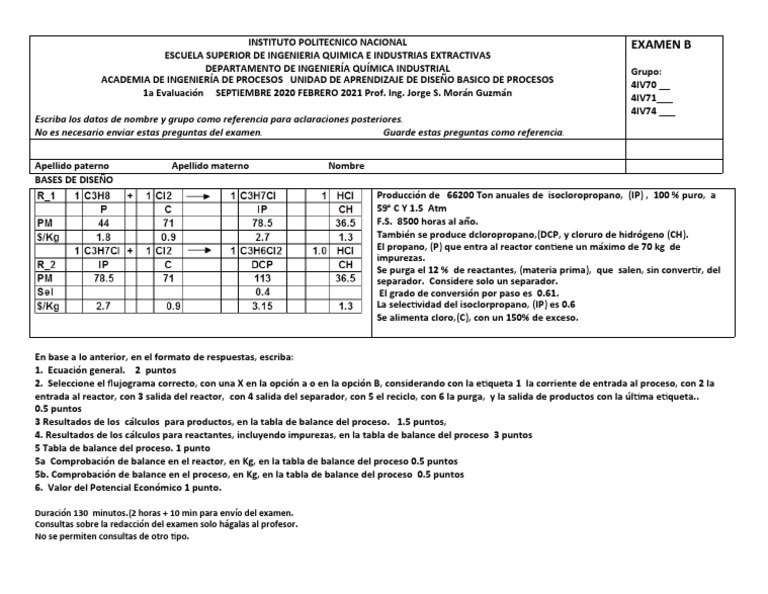 DBP Examen B | PDF | Reactor Quimico | Prueba (evaluación)