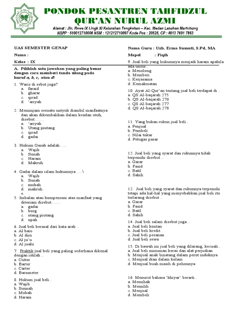 Erma Fiqih Soal Uas Genap Kelas Ix | PDF