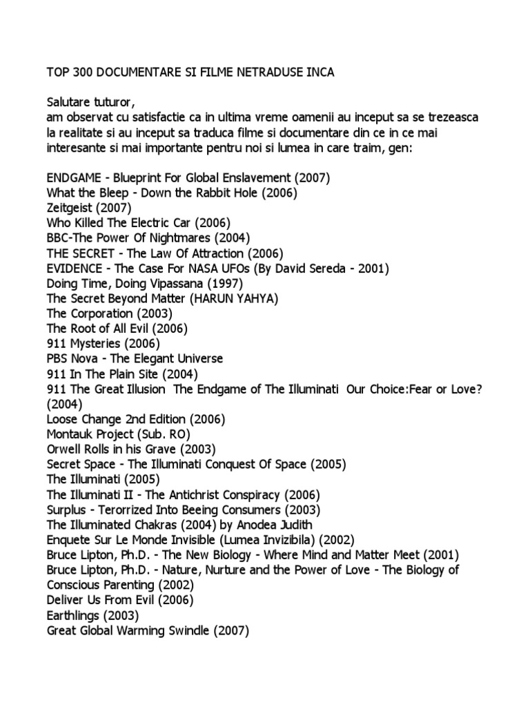Top 300 Documentare Si Filme Netraduse Inca | PDF | New World Order (Conspiracy Theory)
