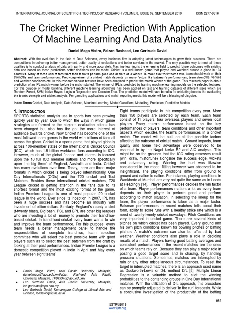 The Cricket Winner Prediction With Application of Machine Learning and ...