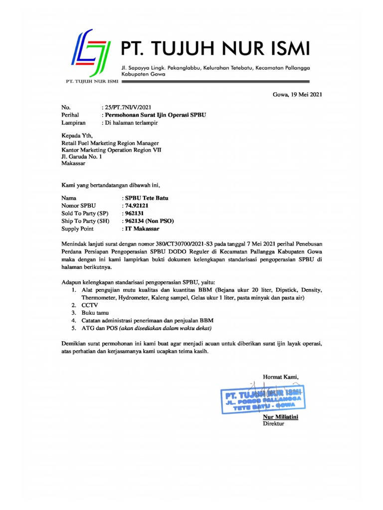 Surat Permohonan Ijin Operasi SPBU | PDF