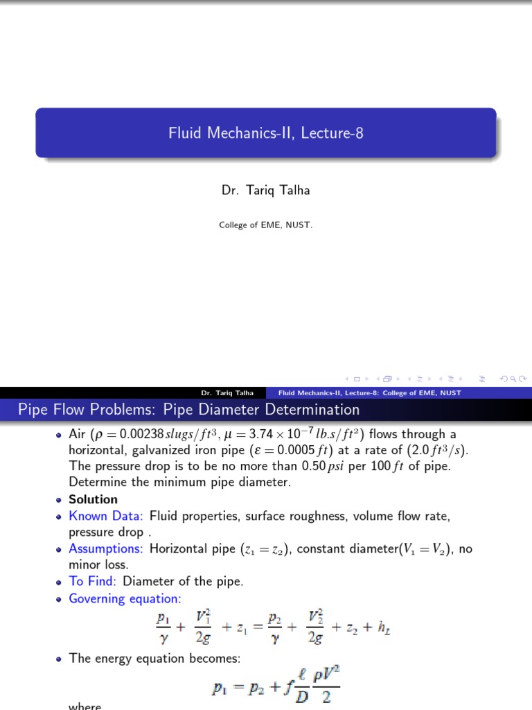 Dr. Tariq Talha Fluid Mechanics-II Lecture: Pipe Flow Problems | PDF | Drag (Physics) | Fluid ...